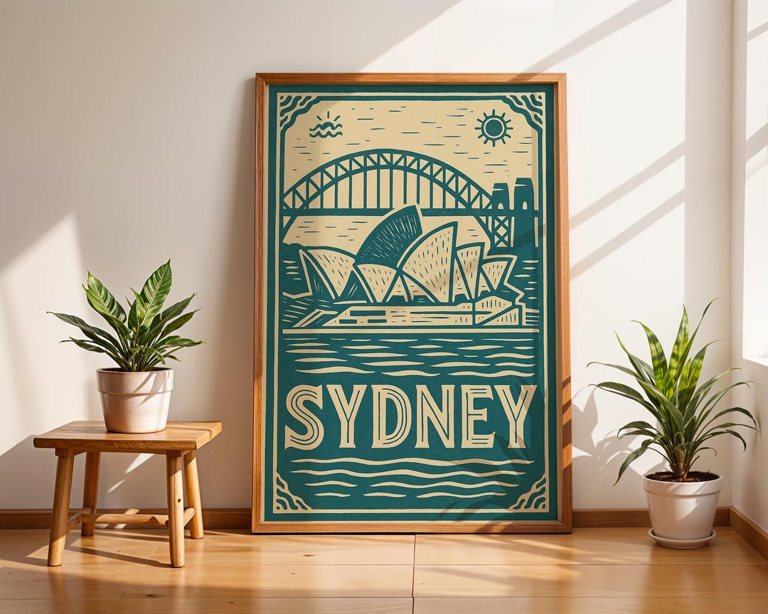 Sydney Australia Travel Poster, Vintage Opera House and Harbour Bridge ...