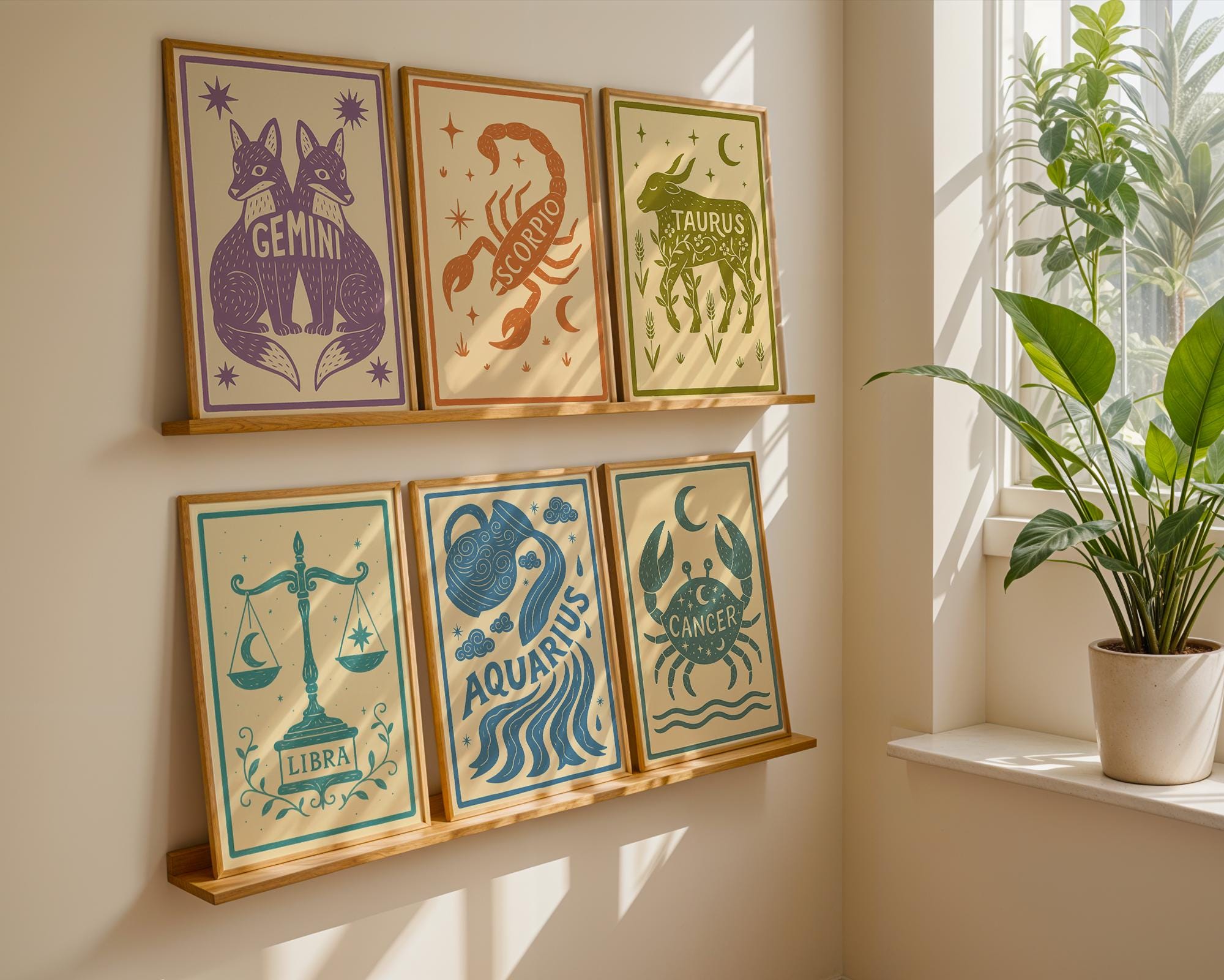 Zodiac Sign Prints Bundle, Folk Art Astrology Wall Art, Horoscope ...