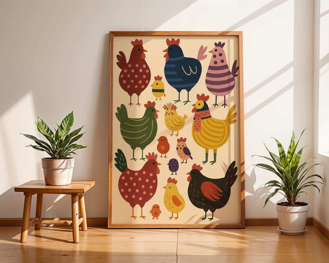 Colorful Chickens Wall Art, Farmhouse Animal Print, Folk Art Rooster ...