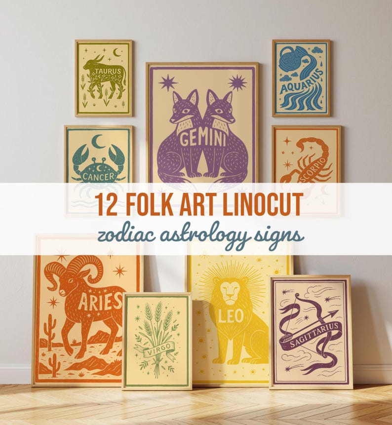Zodiac Sign Prints Bundle, Folk Art Astrology Wall Art, Horoscope ...