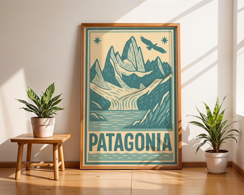 Patagonia Travel Poster, Vintage Mountain Print, Glacier Landscape Wall ...