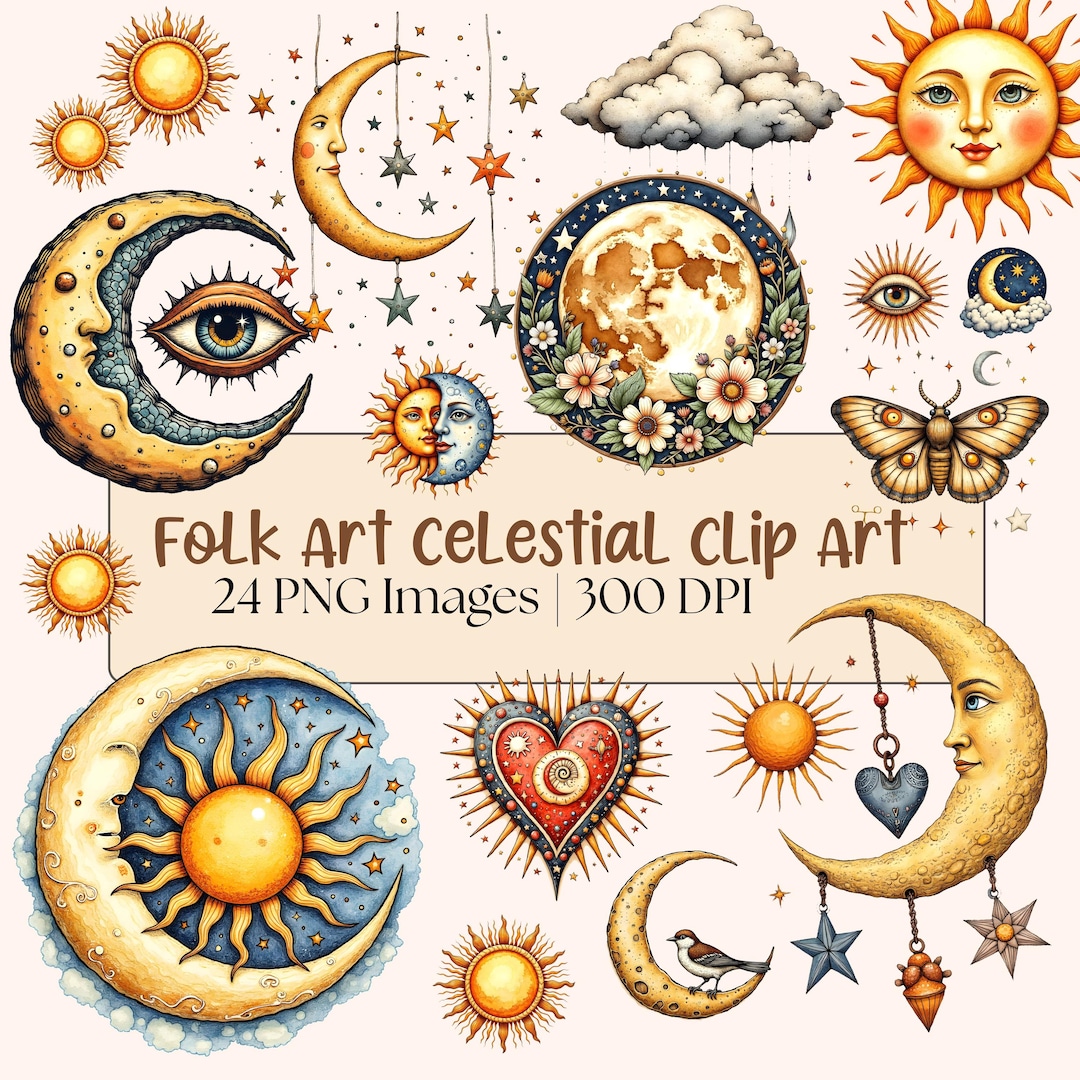 Folk Art Celestial Clip Art Bundle, Sun Moon Stars PNG Set, Vintage ...