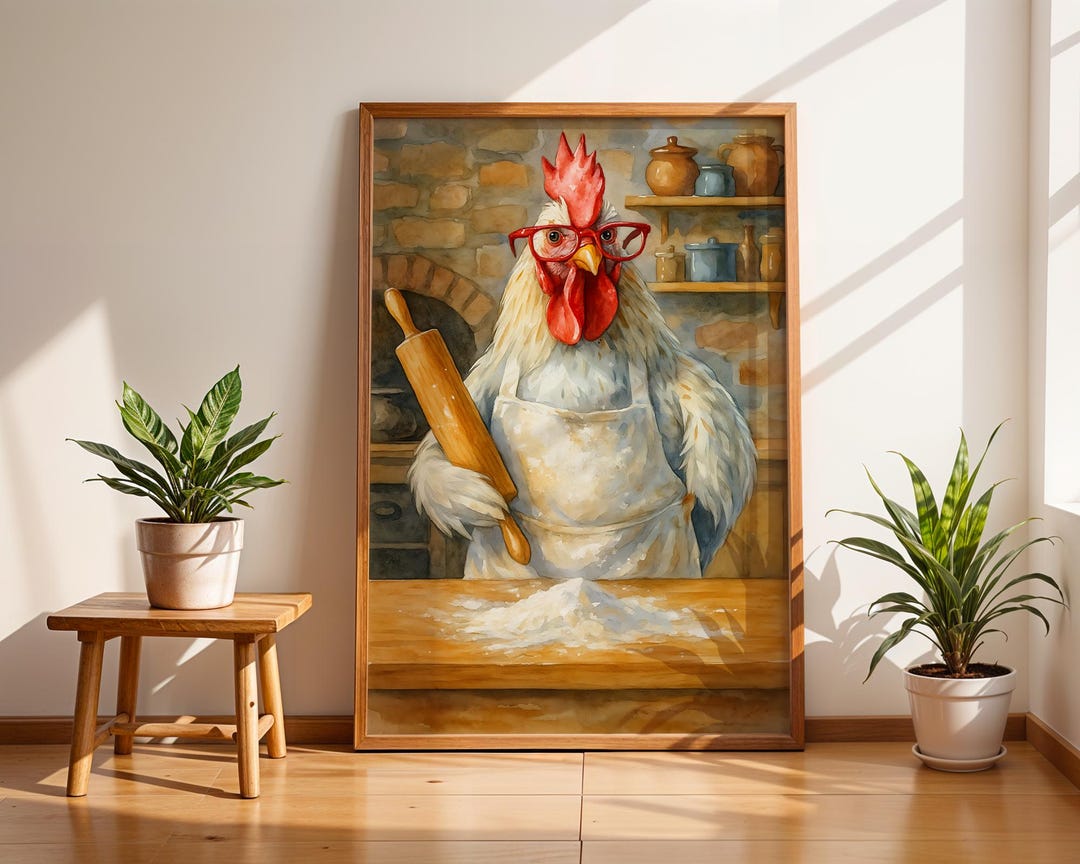 Baking Chicken Wall Art, Funny Rooster Kitchen Poster With Rolling Pin ...