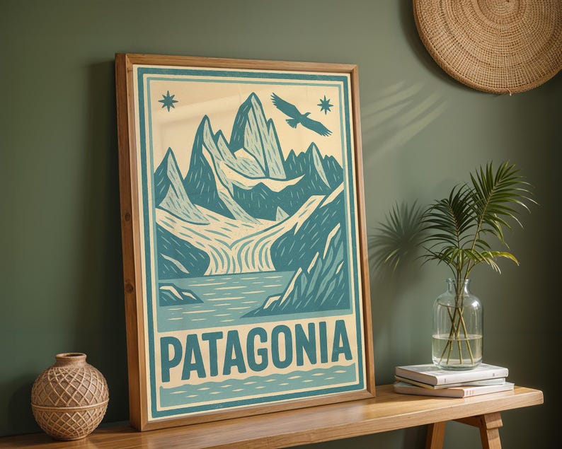 Patagonia Travel Poster, Vintage Mountain Print, Glacier Landscape Wall ...