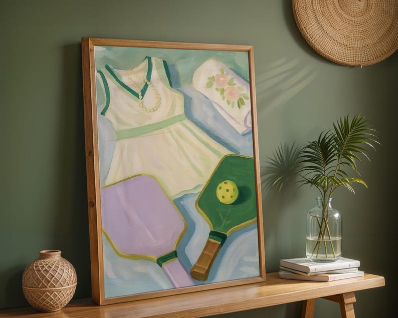 Pickleball Wall Art Print Coastal Preppy Flatlay Poster, Purple Green ...
