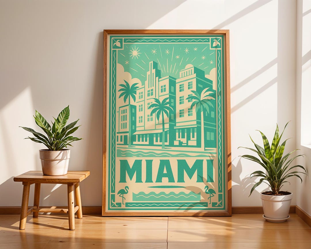 Miami Retro Travel Poster, Vintage Florida Art Deco Wall Art, South ...