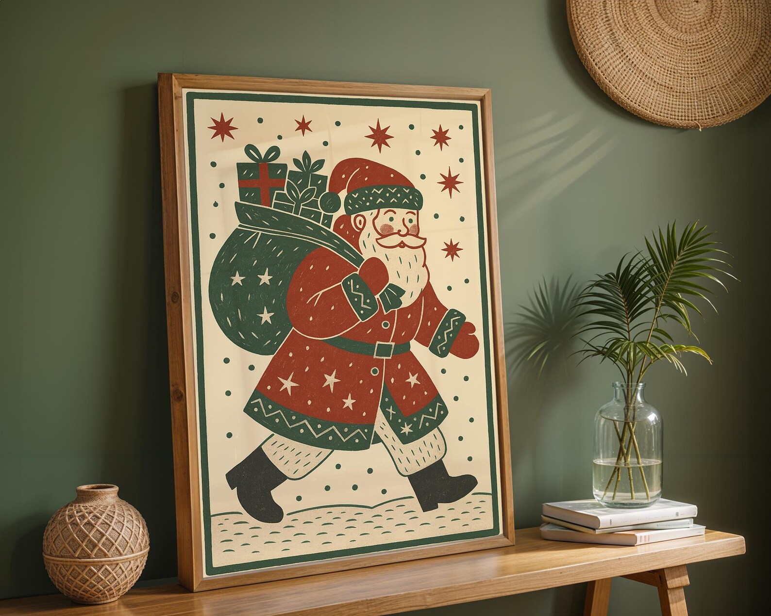 Retro Santa Claus Christmas Wall Art, Vintage Holiday Print, Folk ...