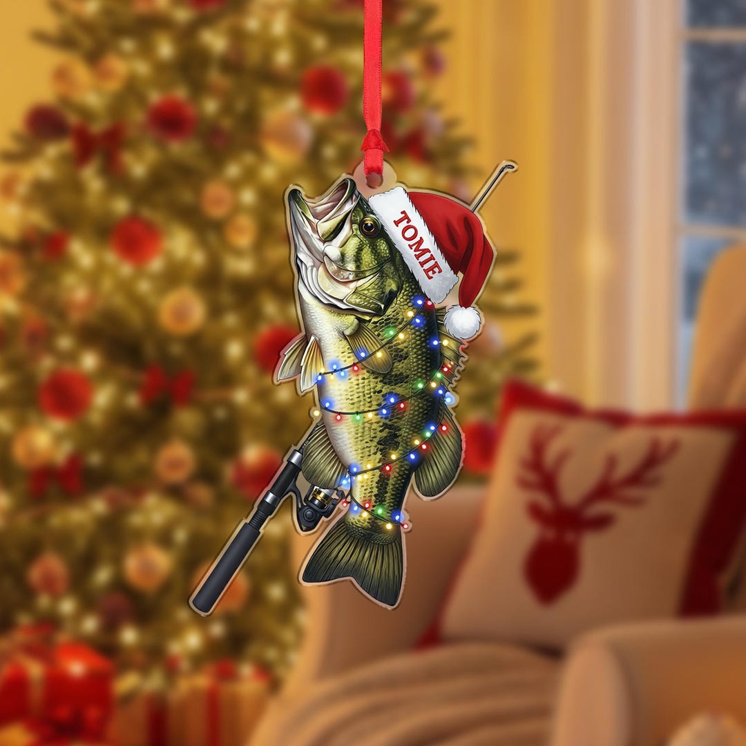Personalized Bass Fish Christmas Ornament: Santa Hat With Name, Fishing ...
