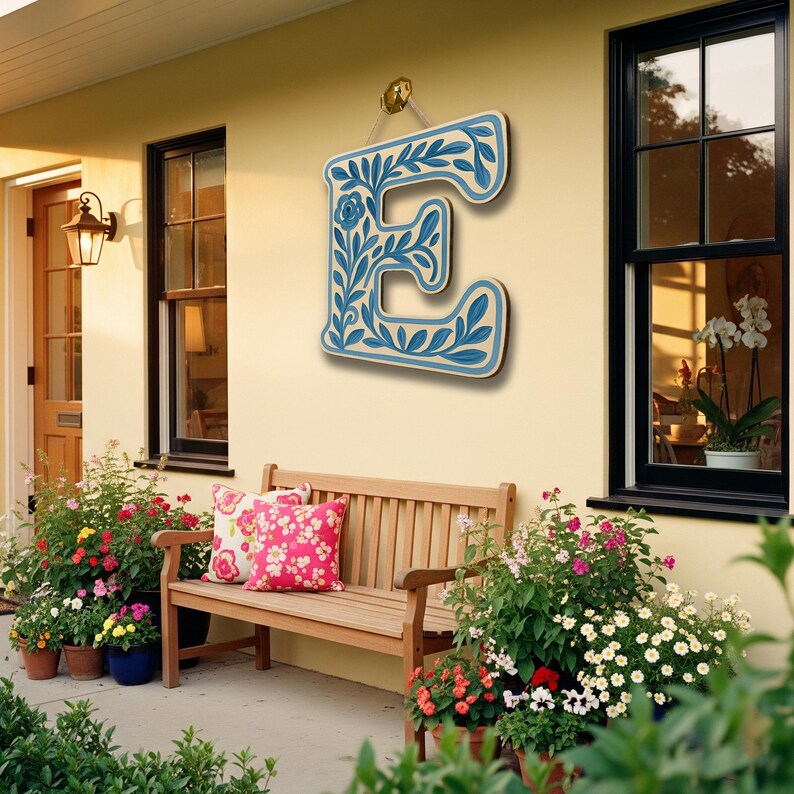 Custom Chinoiserie Monogram Door Sign: Blue Floral Wood Letter Hanger ...
