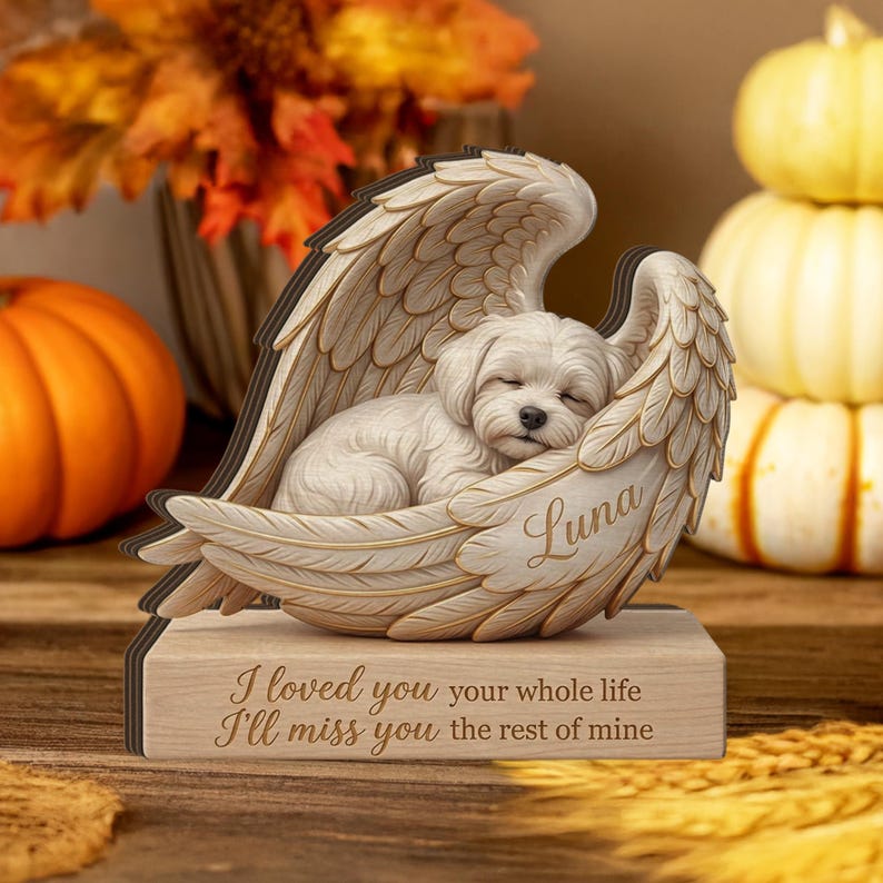 Personalized Wood Pet Memorial Block: Custom Angel Wing Dog Portrait ...