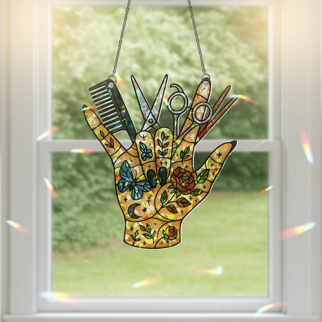Hair Stylist Faux Stained Glass Suncatcher: Salon Decor With Scissors ...