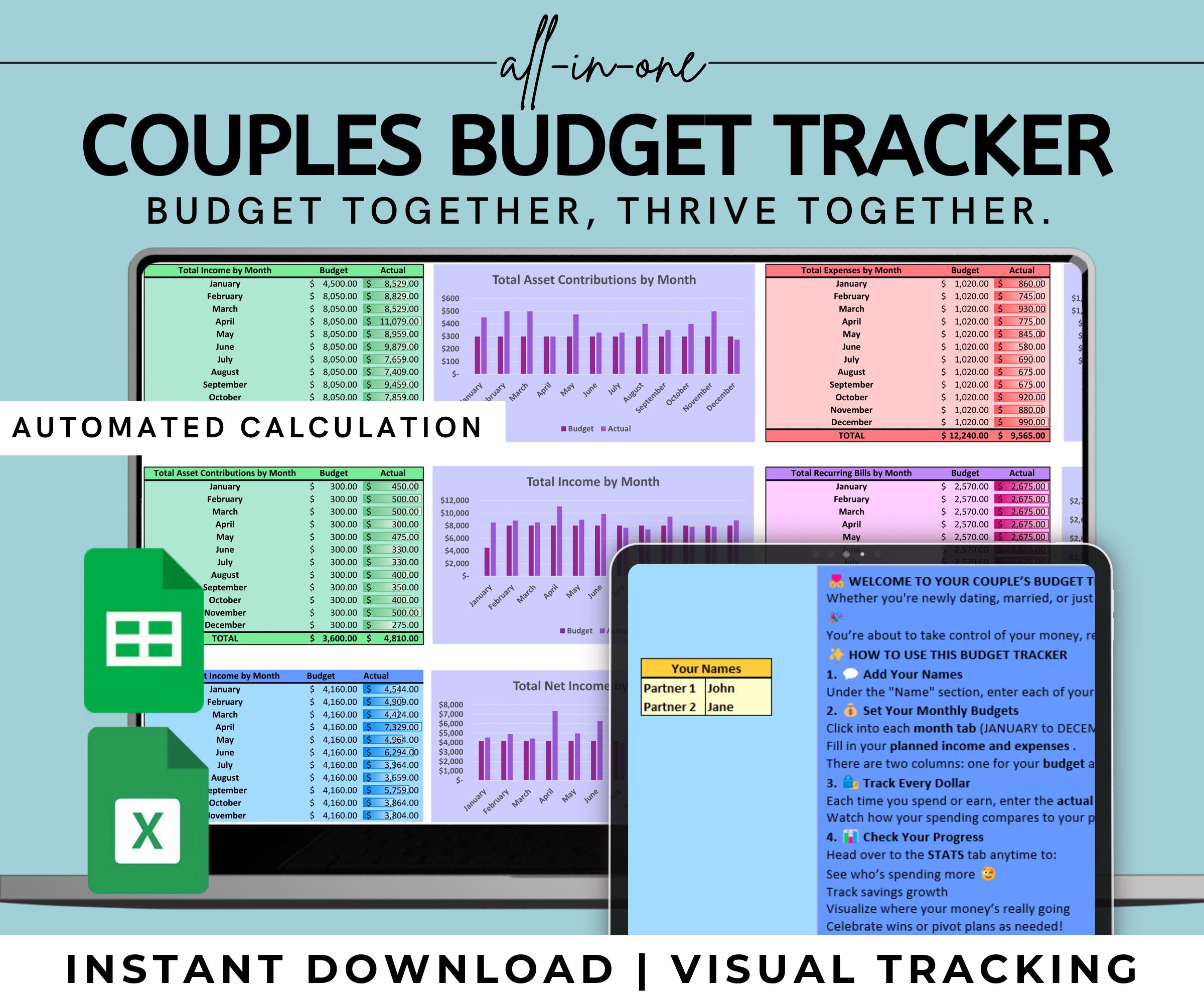 Couples Budget Planner Google Sheets & Excel | Monthly Budget Tracker ...
