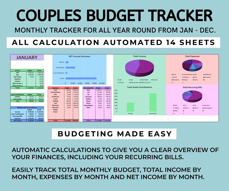 Couples Budget Planner Google Sheets & Excel | Monthly Budget Tracker ...