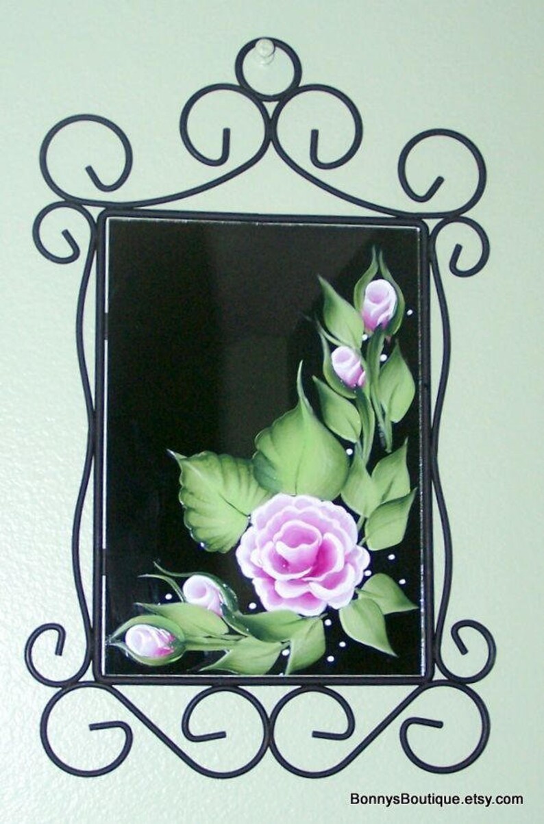 Rose Mirror Hand Painted Roses Pink Rose Black Mirror - Etsy