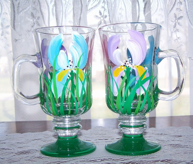 Spring Coffee Mugs set of Two Hand Painted Irises - Etsy