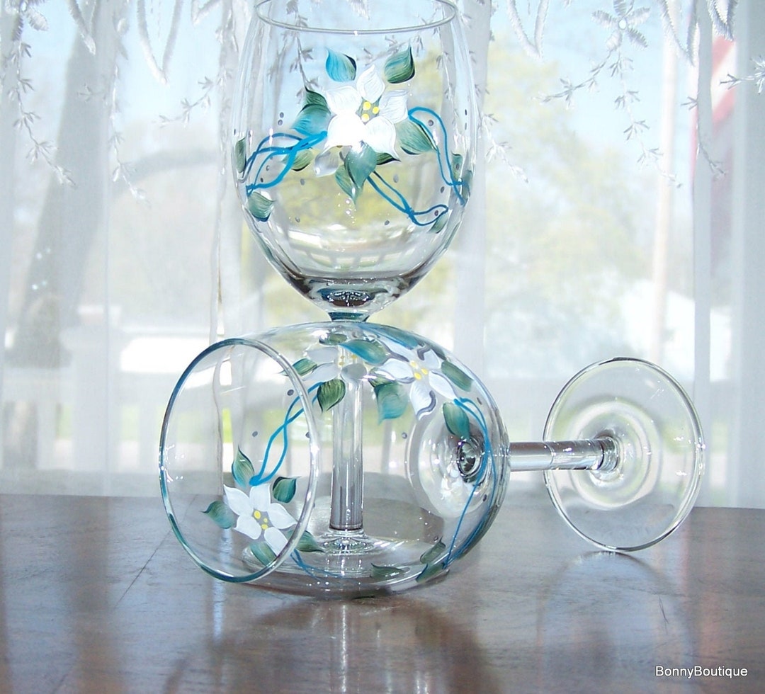 Glass Stemware Set With Hand Painted Florals Set of 2 - Etsy