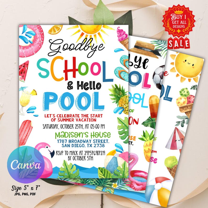 Goodbye School Hello Pool Invitation Template, Printable End of School ...