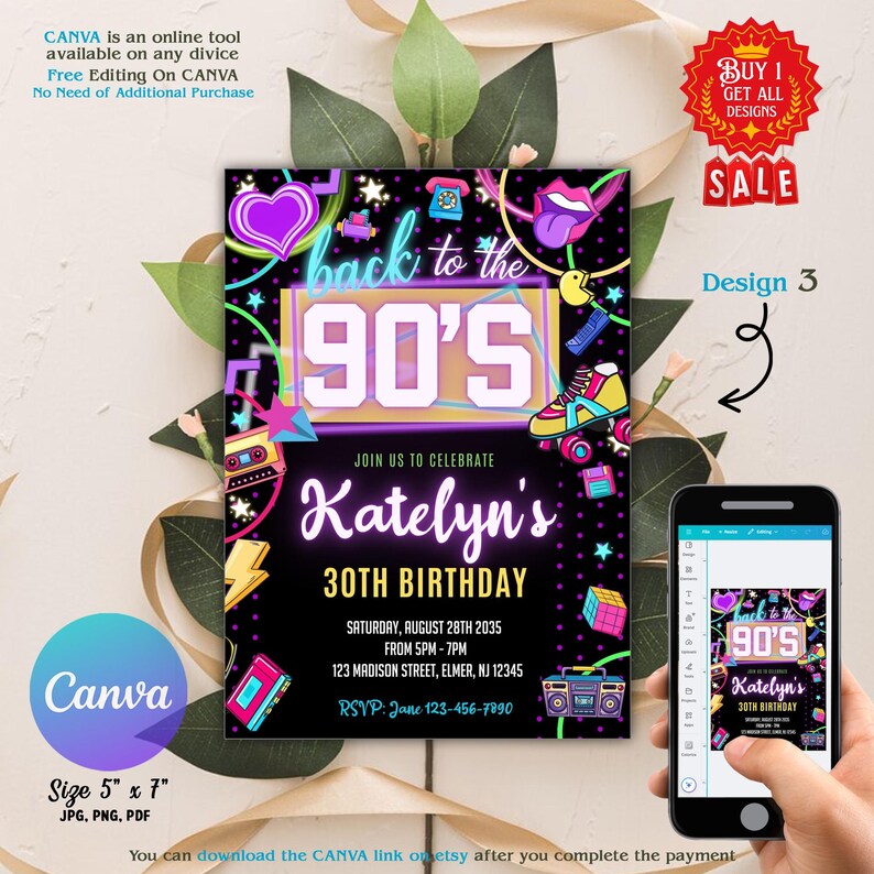 Editable 90s Birthday Party Invitation, Back to the 90s Neon Party Glow ...