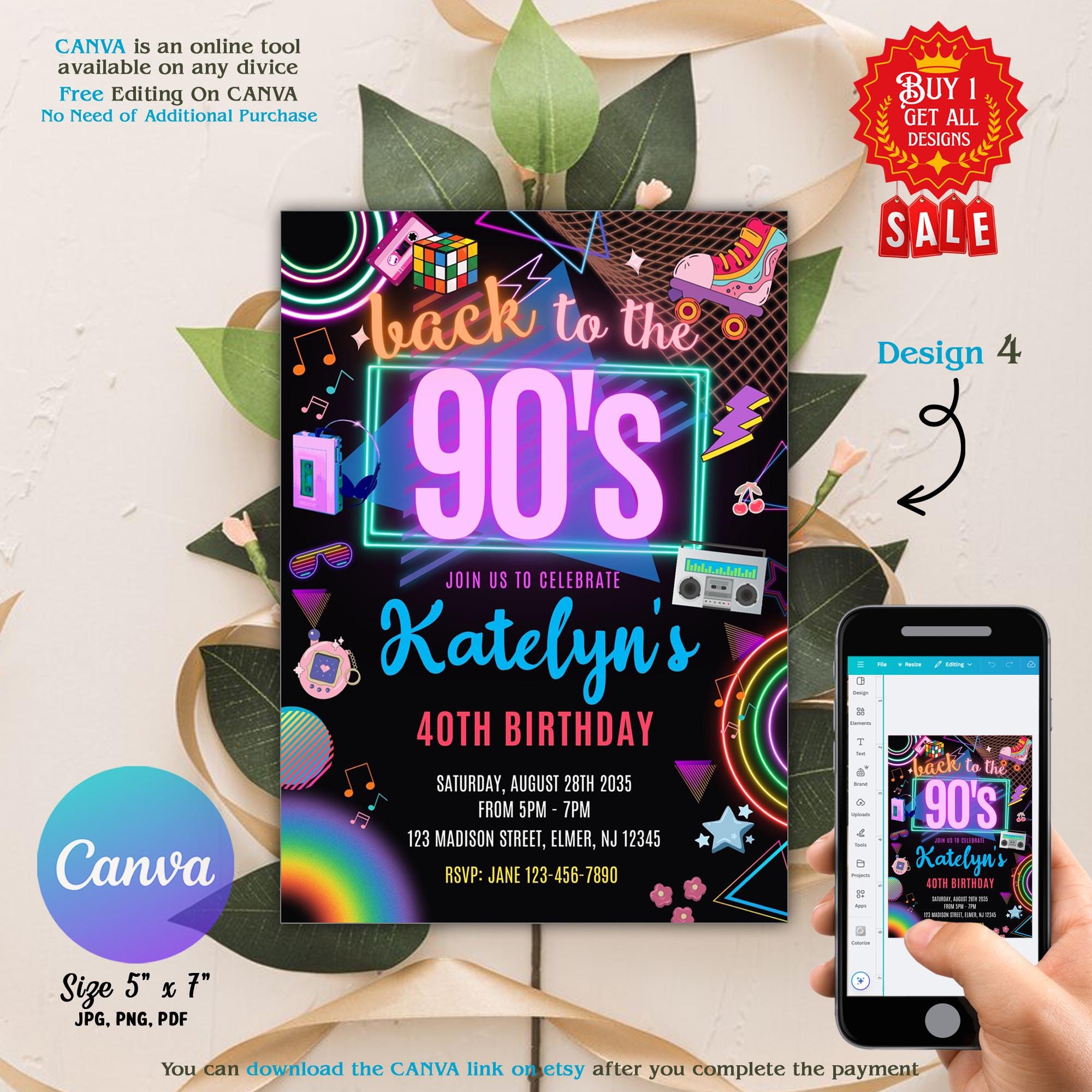 Editable 90s Birthday Party Invitation, Back to the 90s Neon Party Glow ...