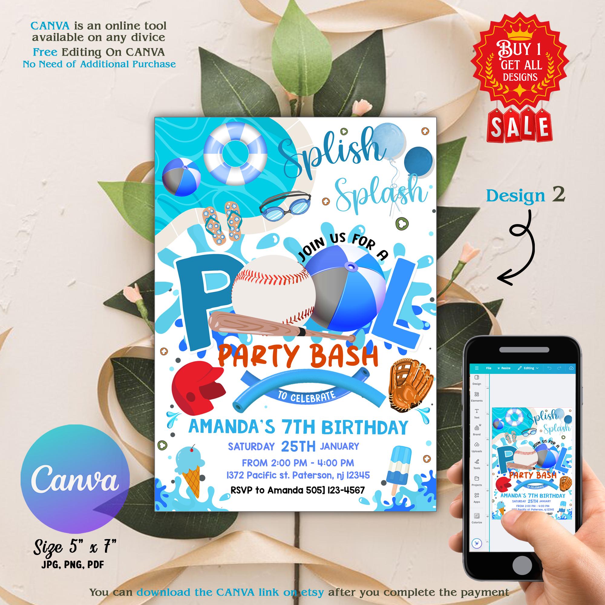 Baseball Pool Birthday Party Invitation, Summer Pool Party, Sport ...