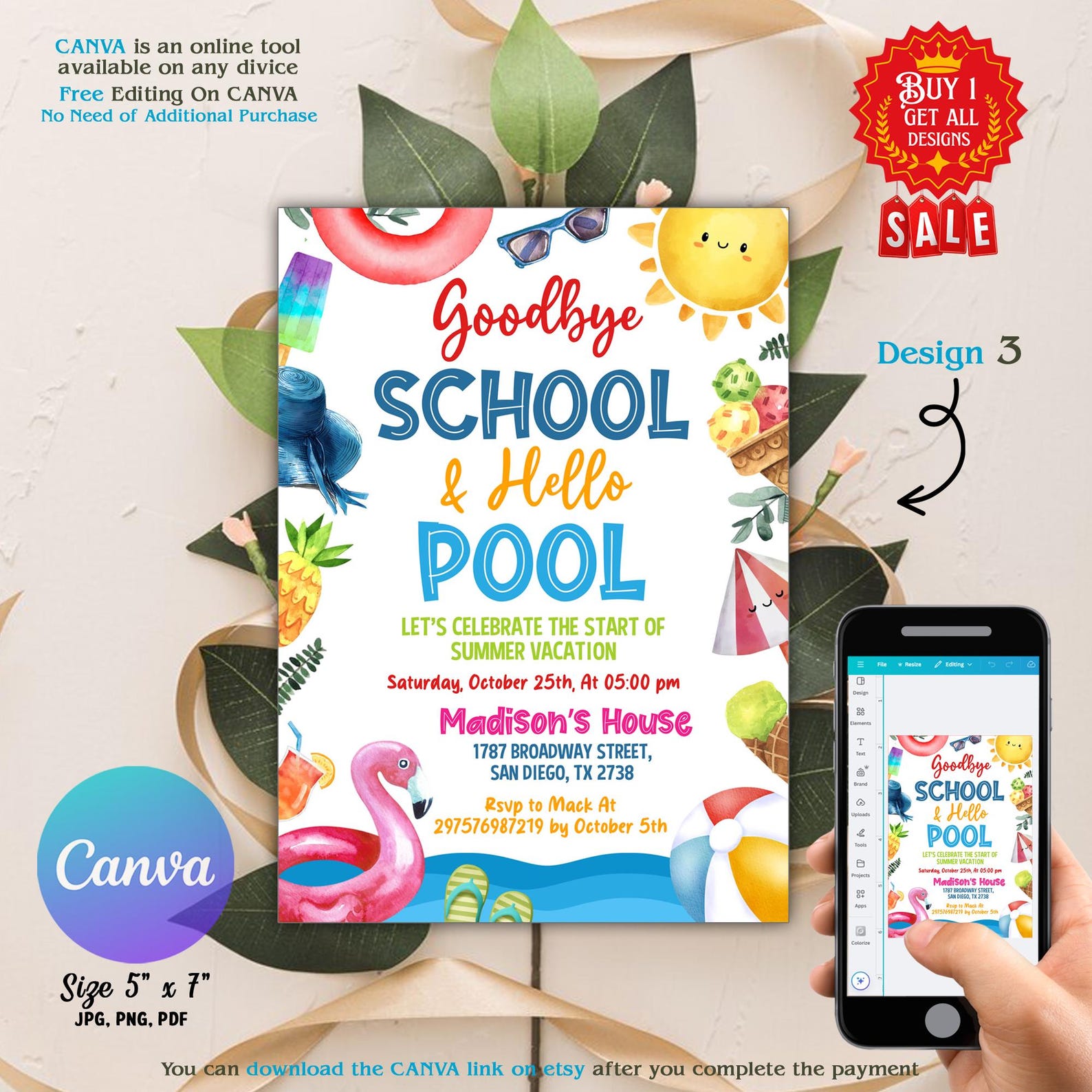 Goodbye School Hello Pool Invitation Template, Printable End of School ...
