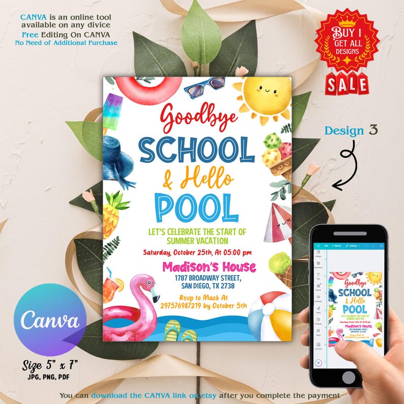 Goodbye School Hello Pool Invitation Template, Printable End of School ...