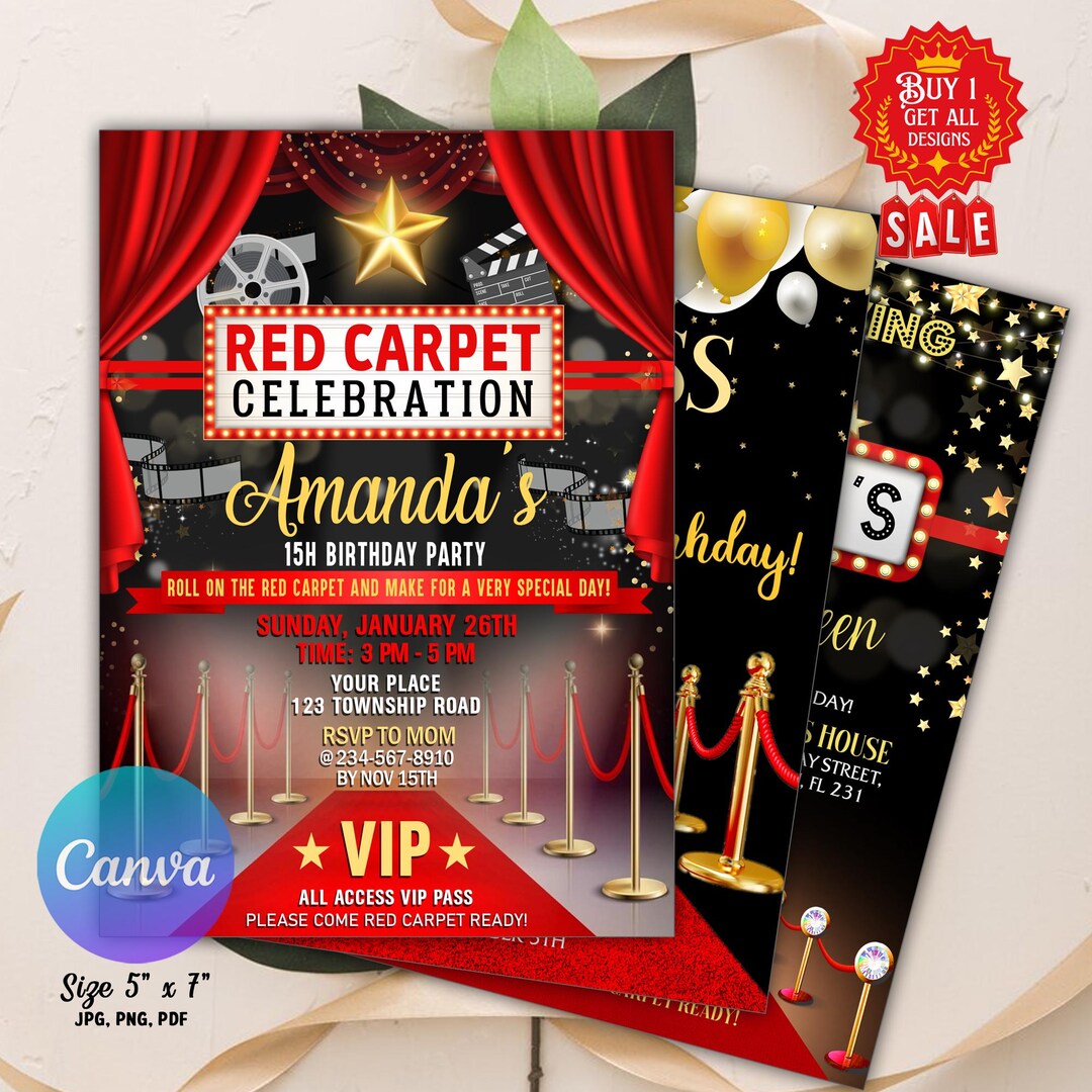 Editable Red Carpet Invitation, Red Carpet Birthday Party Invitation ...