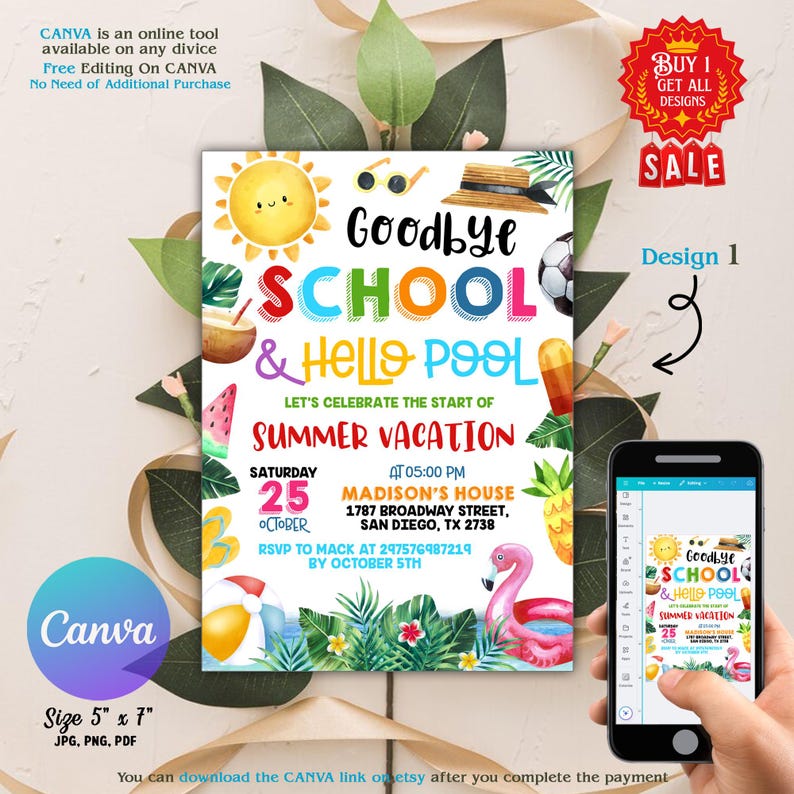 Goodbye School Hello Pool Invitation Template, Printable End of School ...
