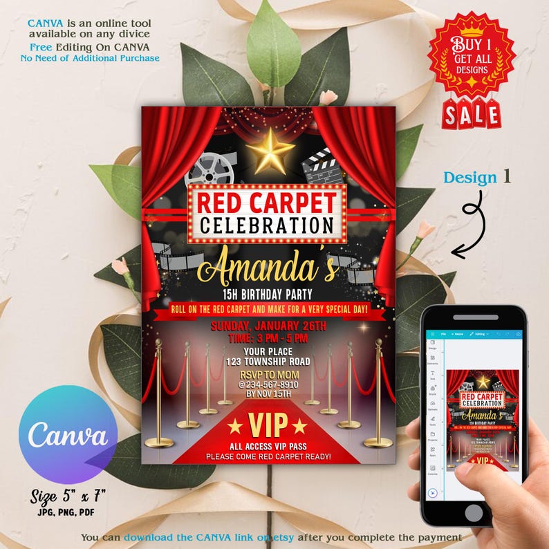 Editable Red Carpet Invitation, Red Carpet Birthday Party Invitation ...