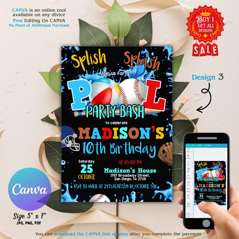 Baseball Pool Birthday Party Invitation, Summer Pool Party, Sport ...