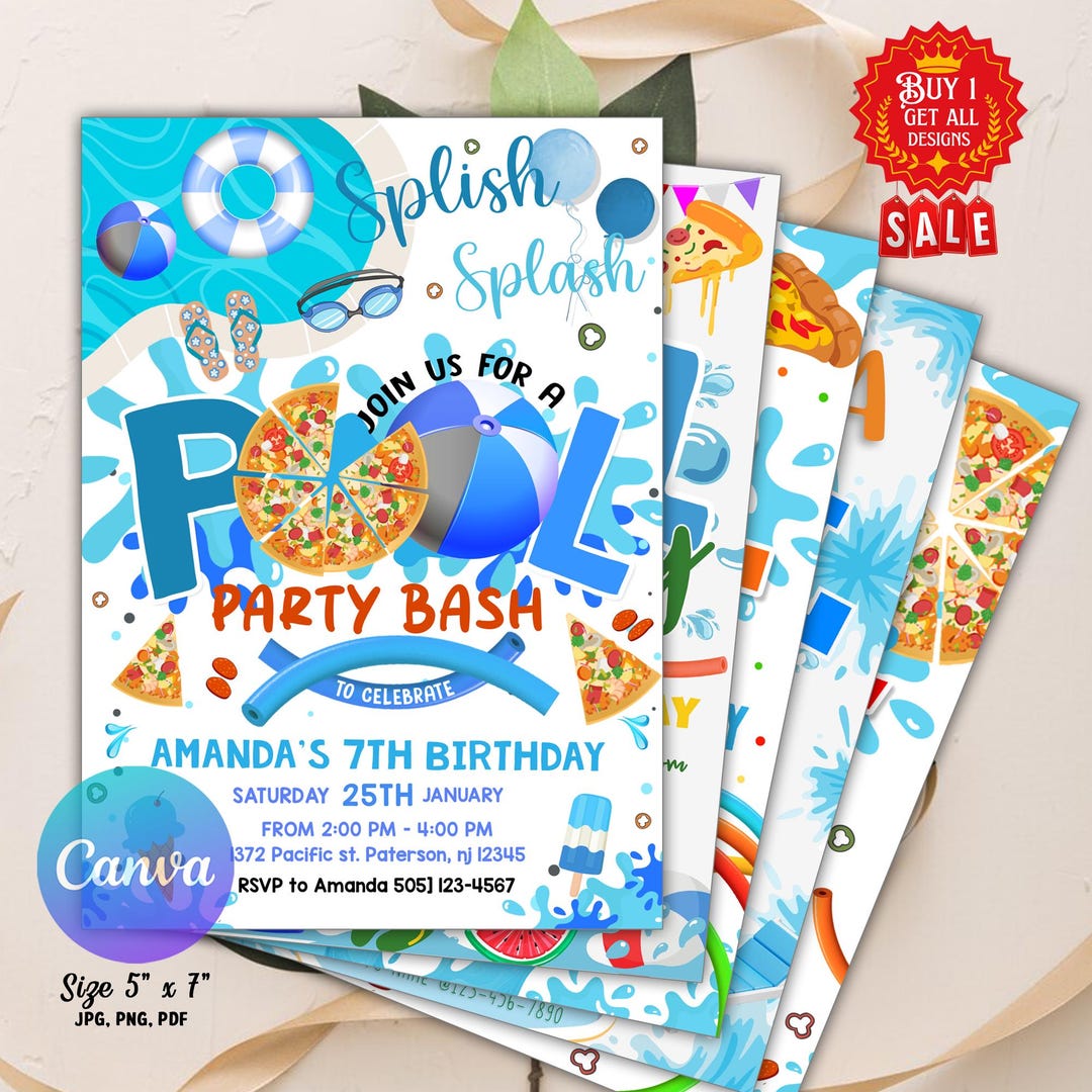 Pizza Pool Party Invite Template, Editable Canva Invitation, Summer ...