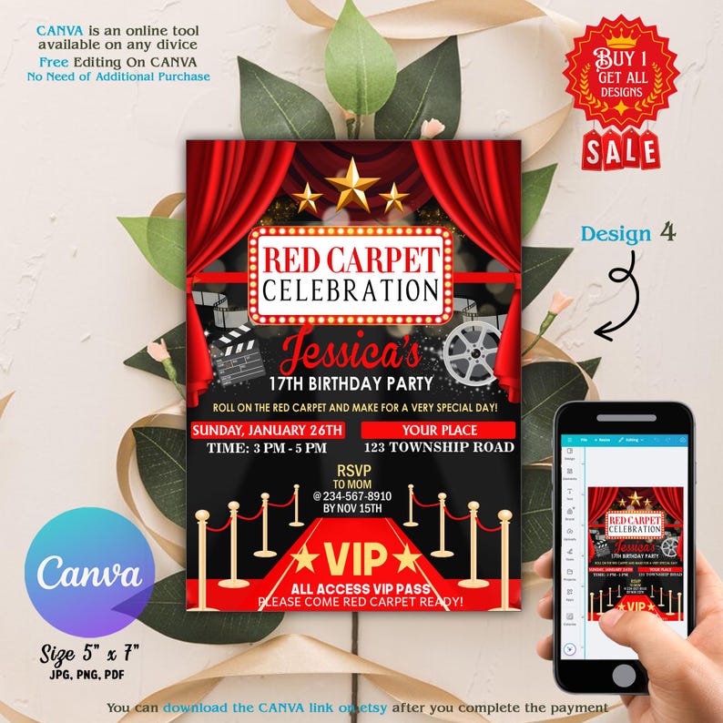 Editable Red Carpet Invitation, Red Carpet Birthday Party Invitation ...