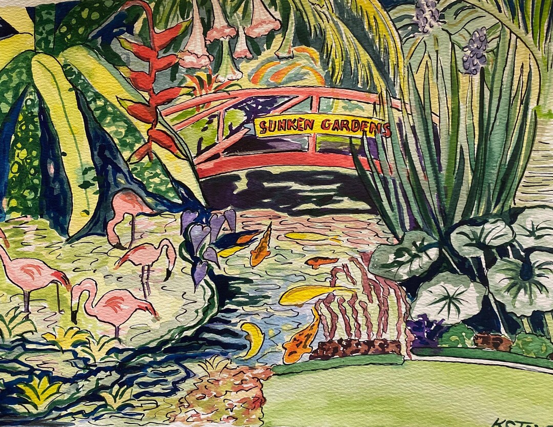 SUNKEN GARDENS | Mixed Media Watercolor & Ink 9 X 12 Inch PRINT ...