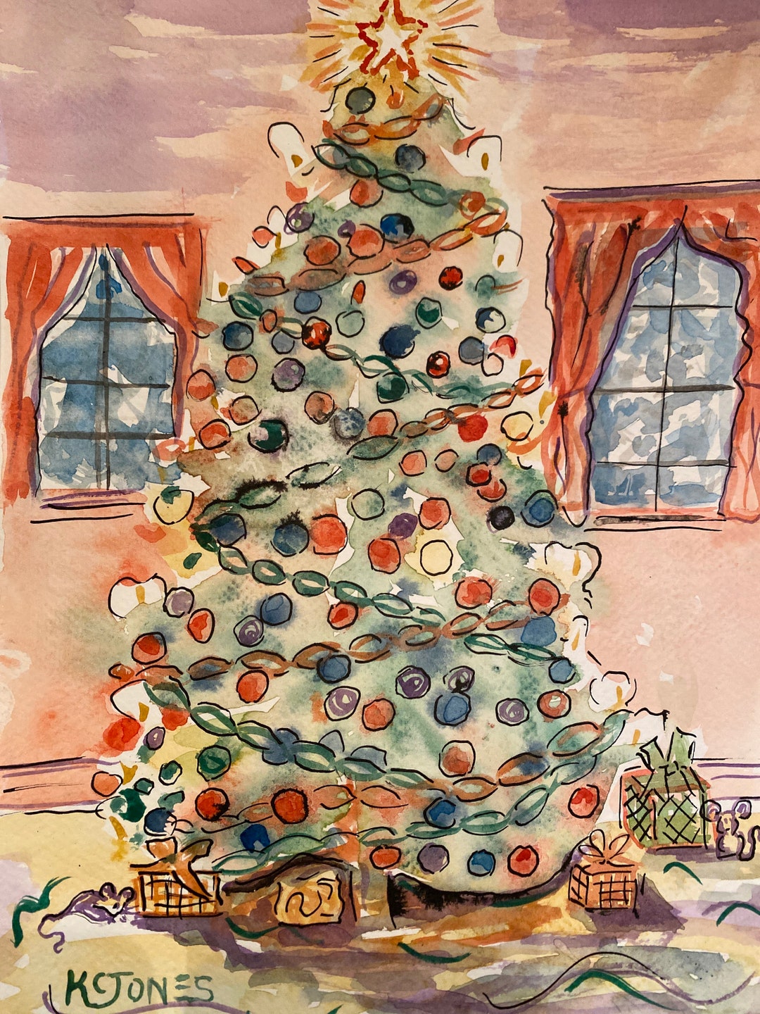 Oh Christmas Tree Original Watercolor & Ink Painting Christmastime ...