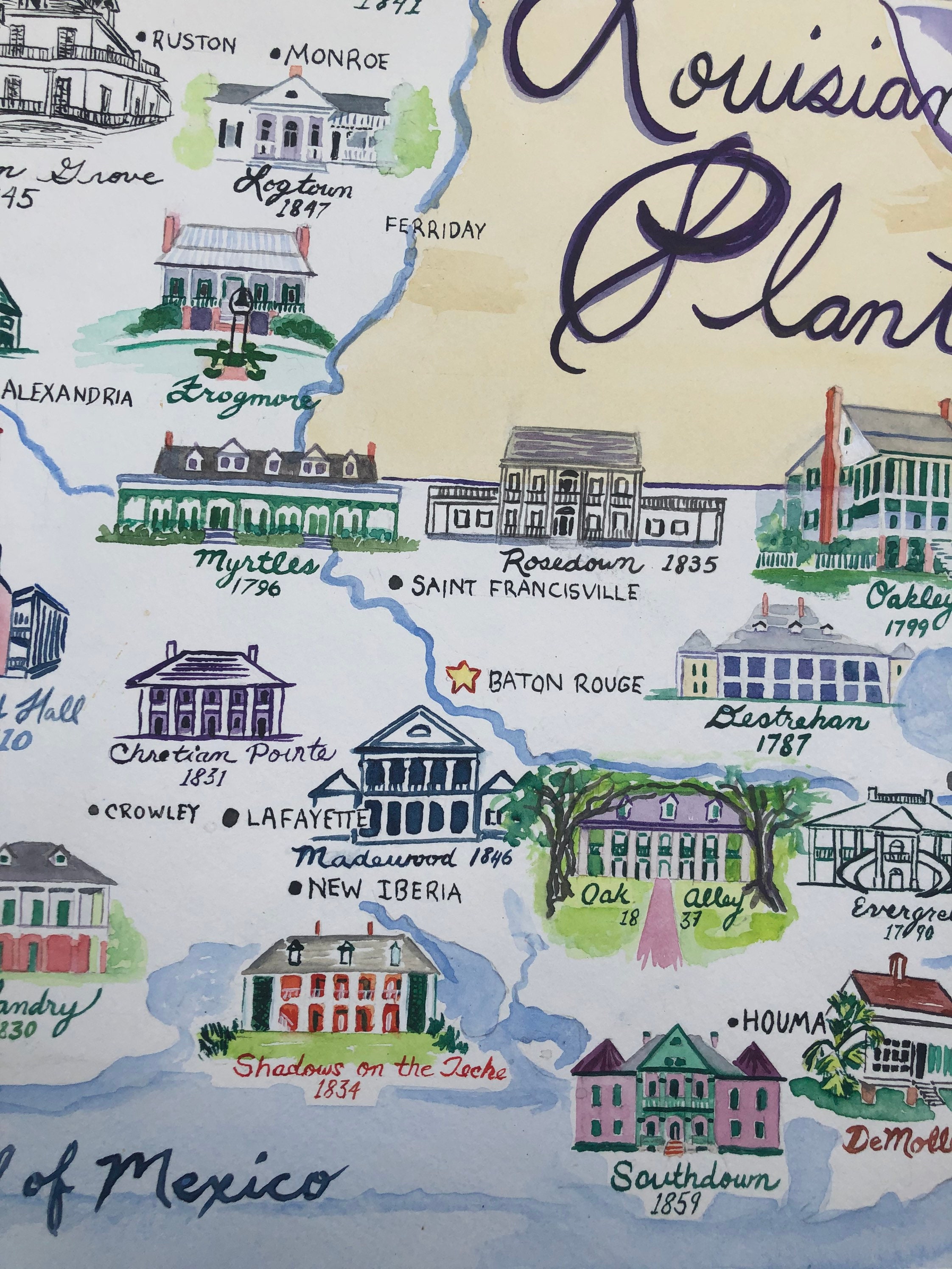Louisiana Plantations | 18 X 24 Inch Signed Print Louisiana Map ...