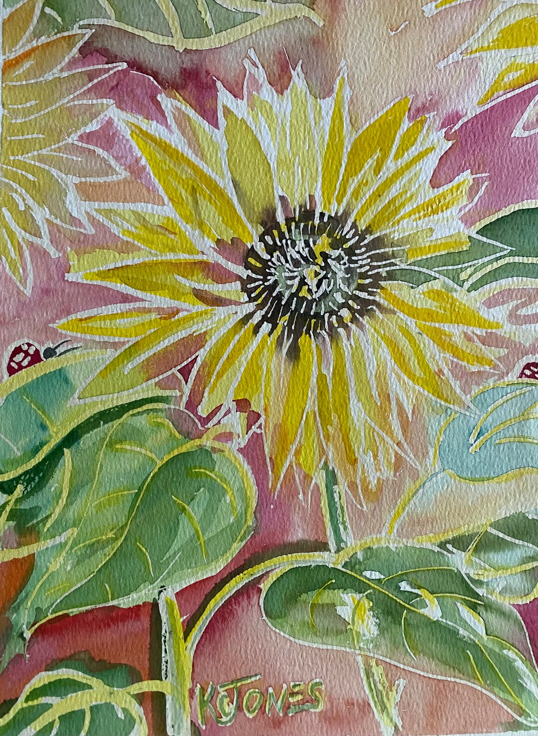 Sunflower & Ladybugs | 9 X 12 Inch Signed Print of Watercolor Painting ...