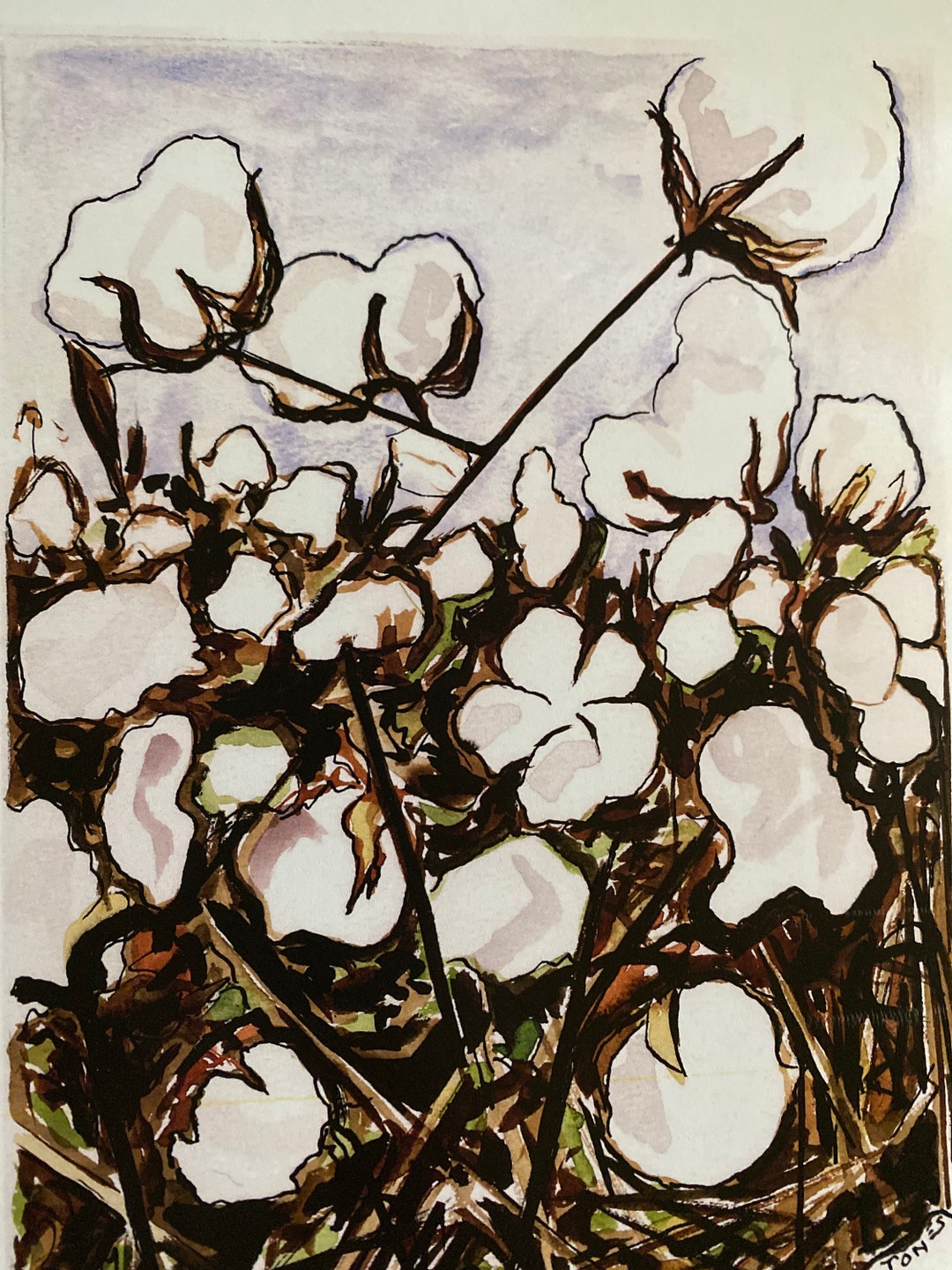 Autumn Cotton | PRINT of Mixed Media Art | Botanical Cotton Bolls Farm ...