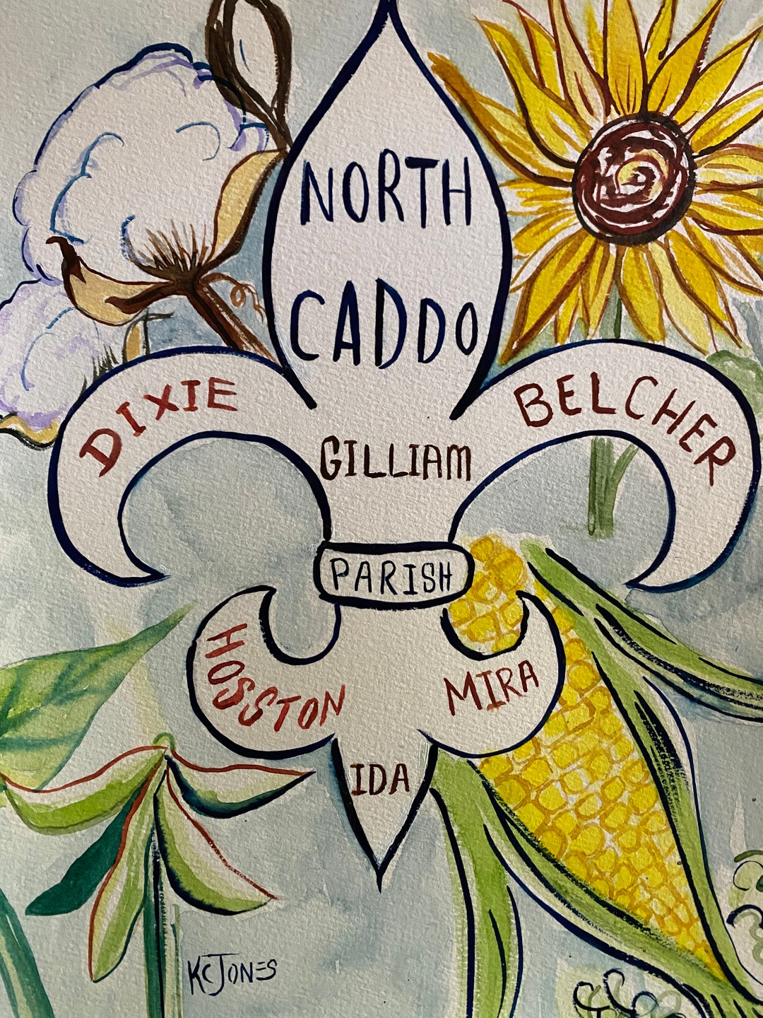 Caddo Parish Crops | 9 X 12 Inch Print Watercolor & Ink Corn Sunflowers ...