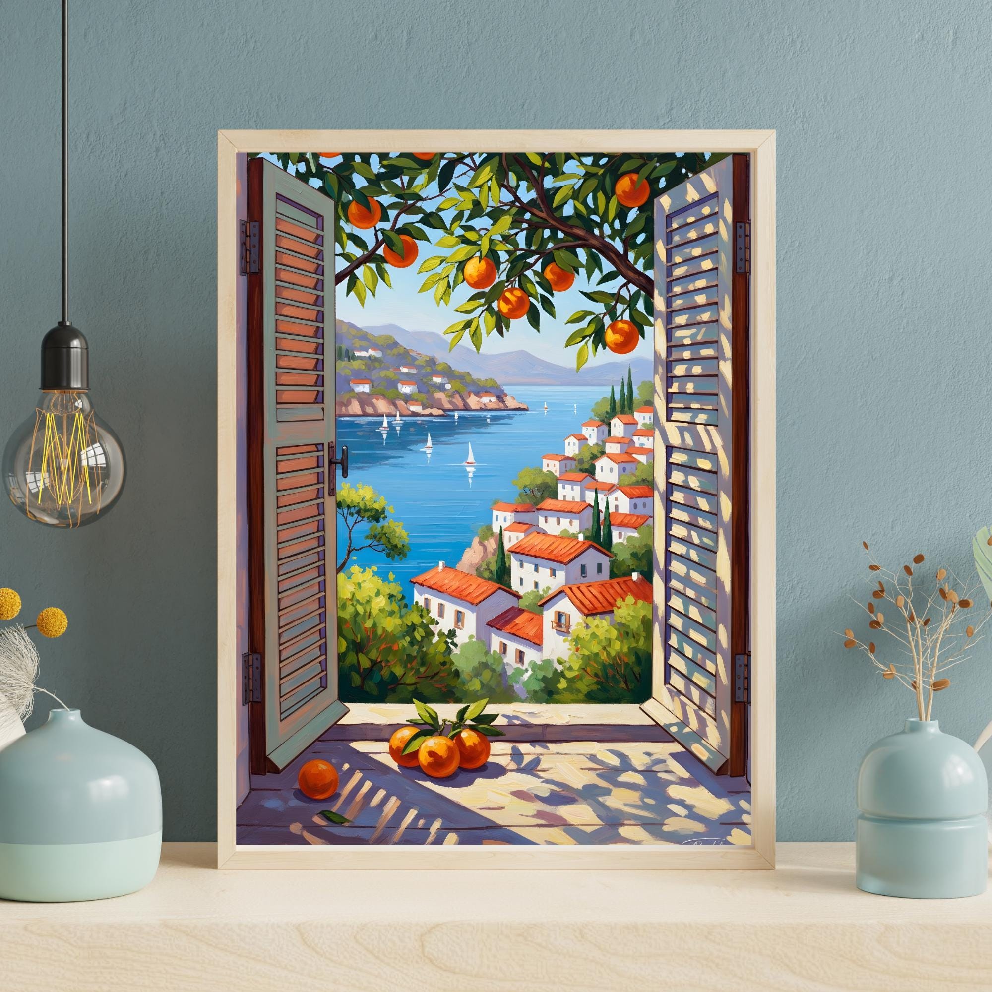 Window View Wall Art Poster Showing Mediterranean Coastal View, Bright ...