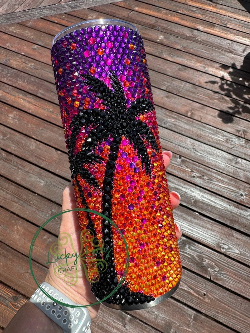 READY TO SHIP Sunset Beach Rhinestone 24oz Tumbler Hot Pink Purple ...