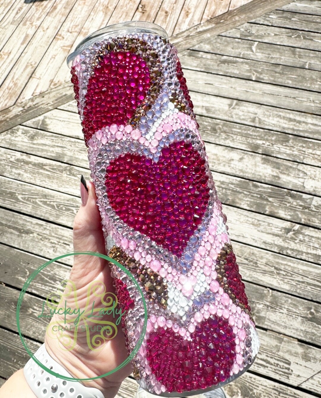 Scattered Hearts Rhinestone 24oz Tumbler Hot Pink Rose Gold Mocha Pink ...