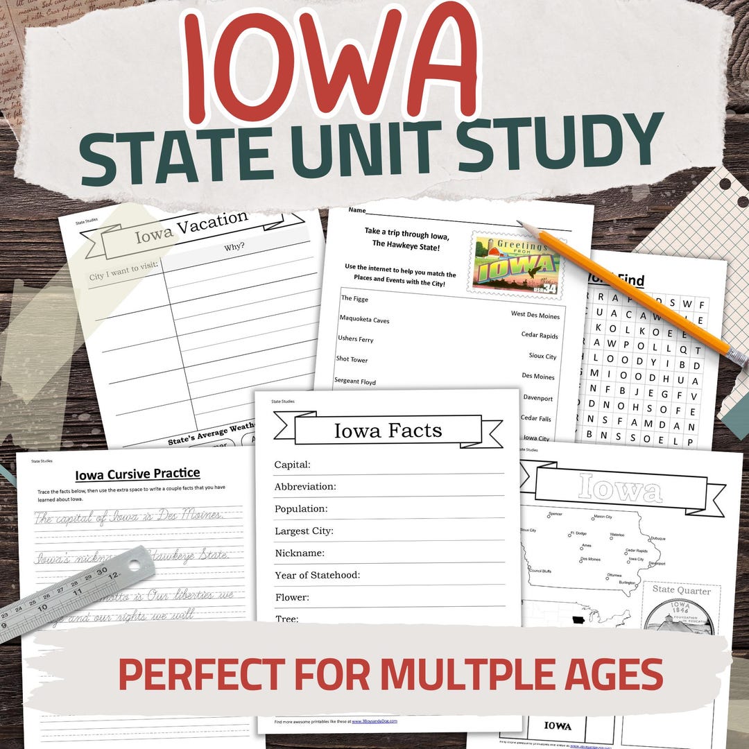 Iowa State Worksheet Pack: Printable Geography and History Unit Study ...
