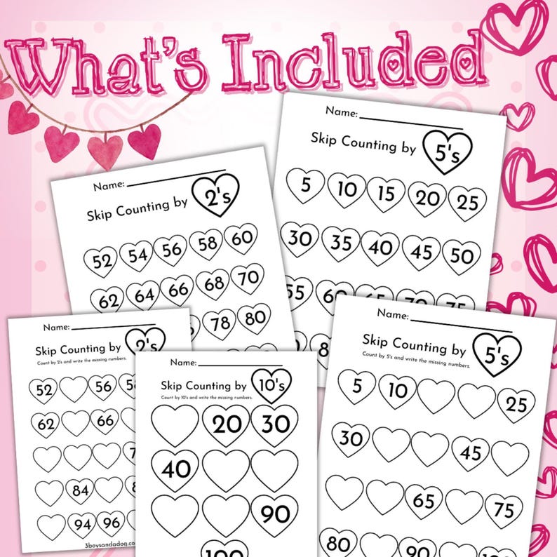 Valentine Skip Counting Worksheets | Count by 2s 5s 10s to 100 ...