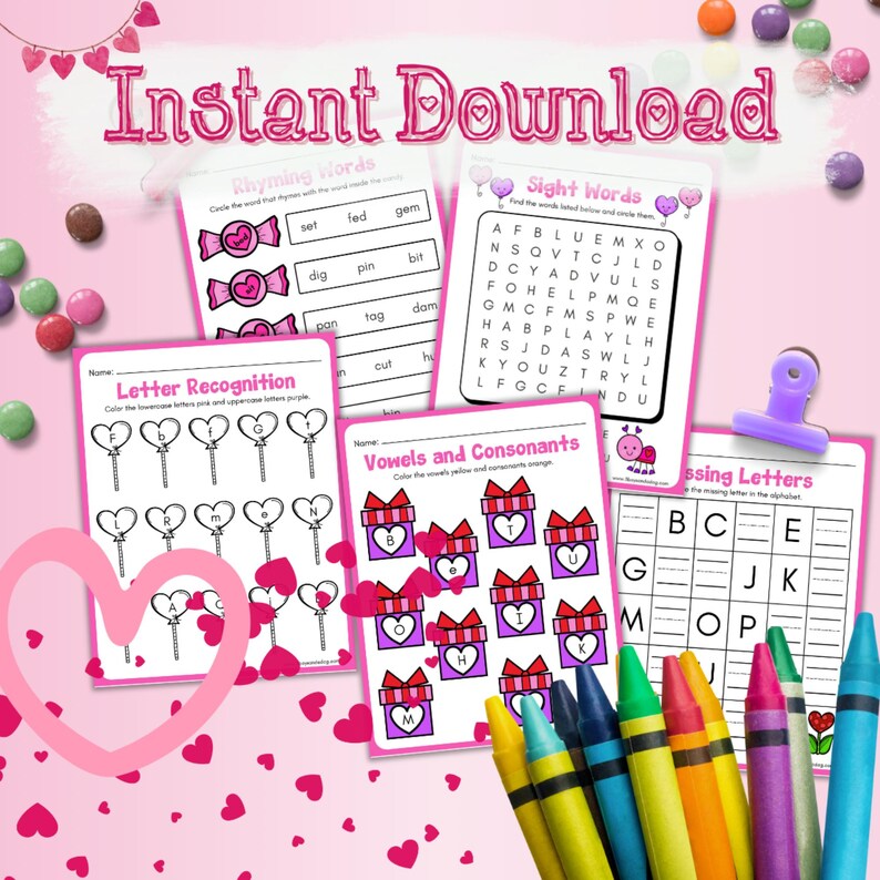 Preschool Worksheets Valentine: Letter Recognition, Rhyming, Sight ...
