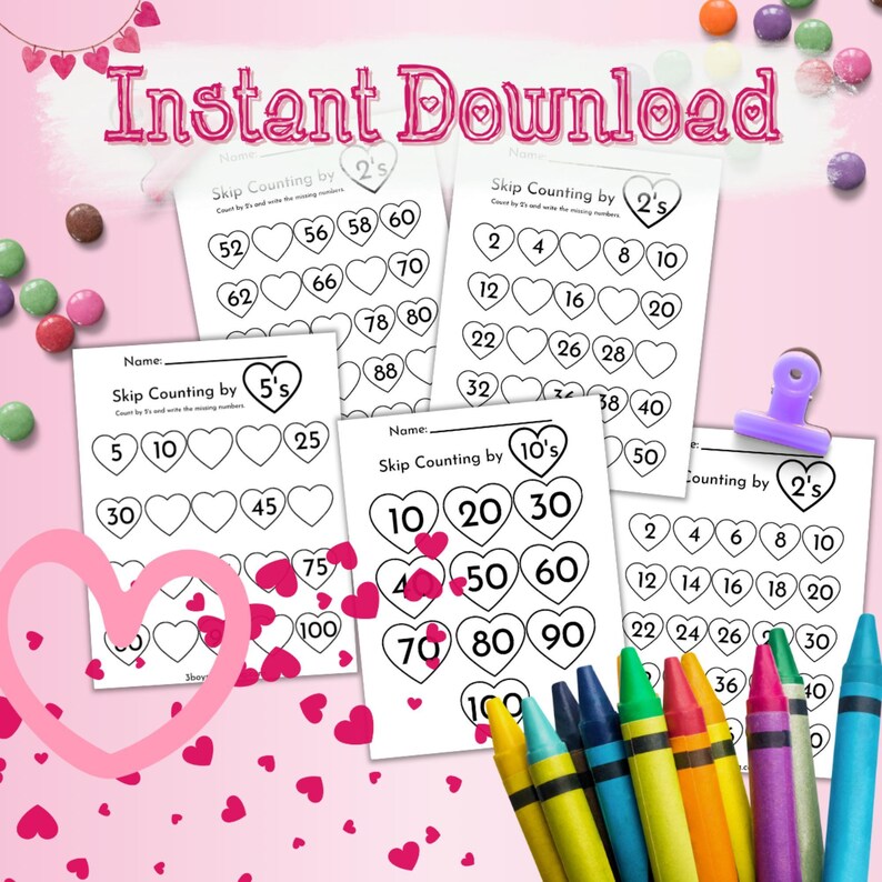 Valentine Skip Counting Worksheets | Count by 2s 5s 10s to 100 ...