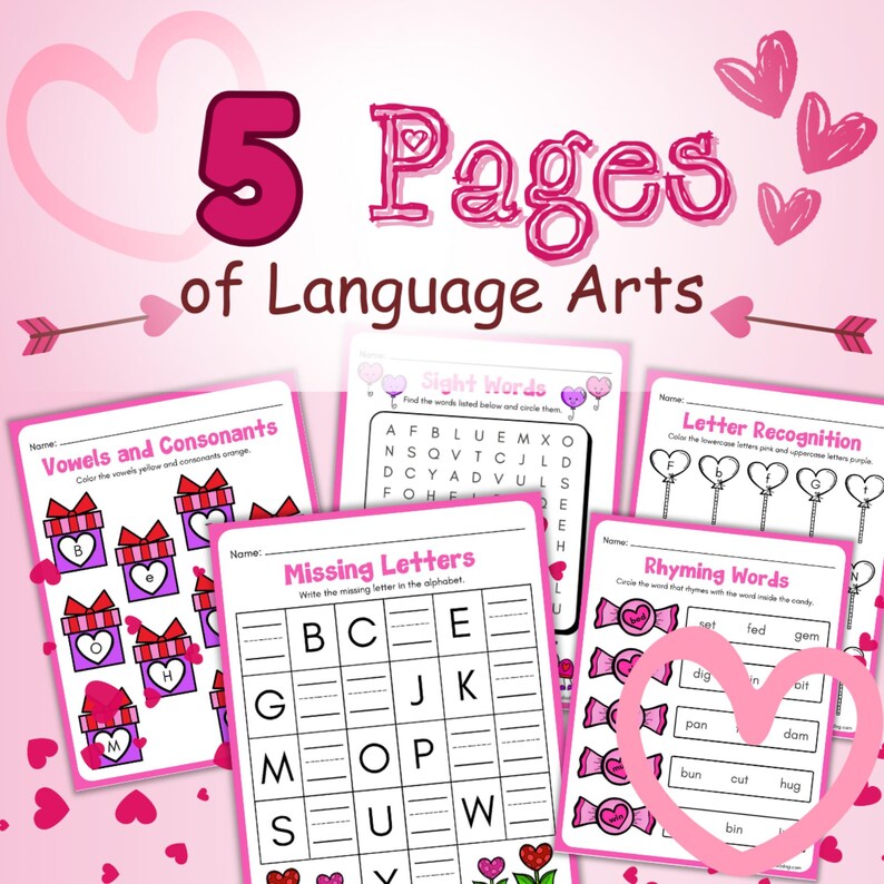 Preschool Worksheets Valentine: Letter Recognition, Rhyming, Sight ...