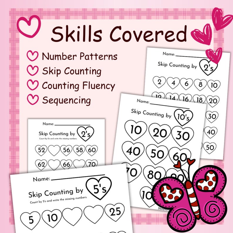 Valentine Skip Counting Worksheets | Count by 2s 5s 10s to 100 ...