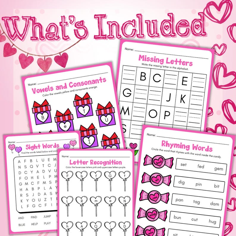 Preschool Worksheets Valentine: Letter Recognition, Rhyming, Sight ...