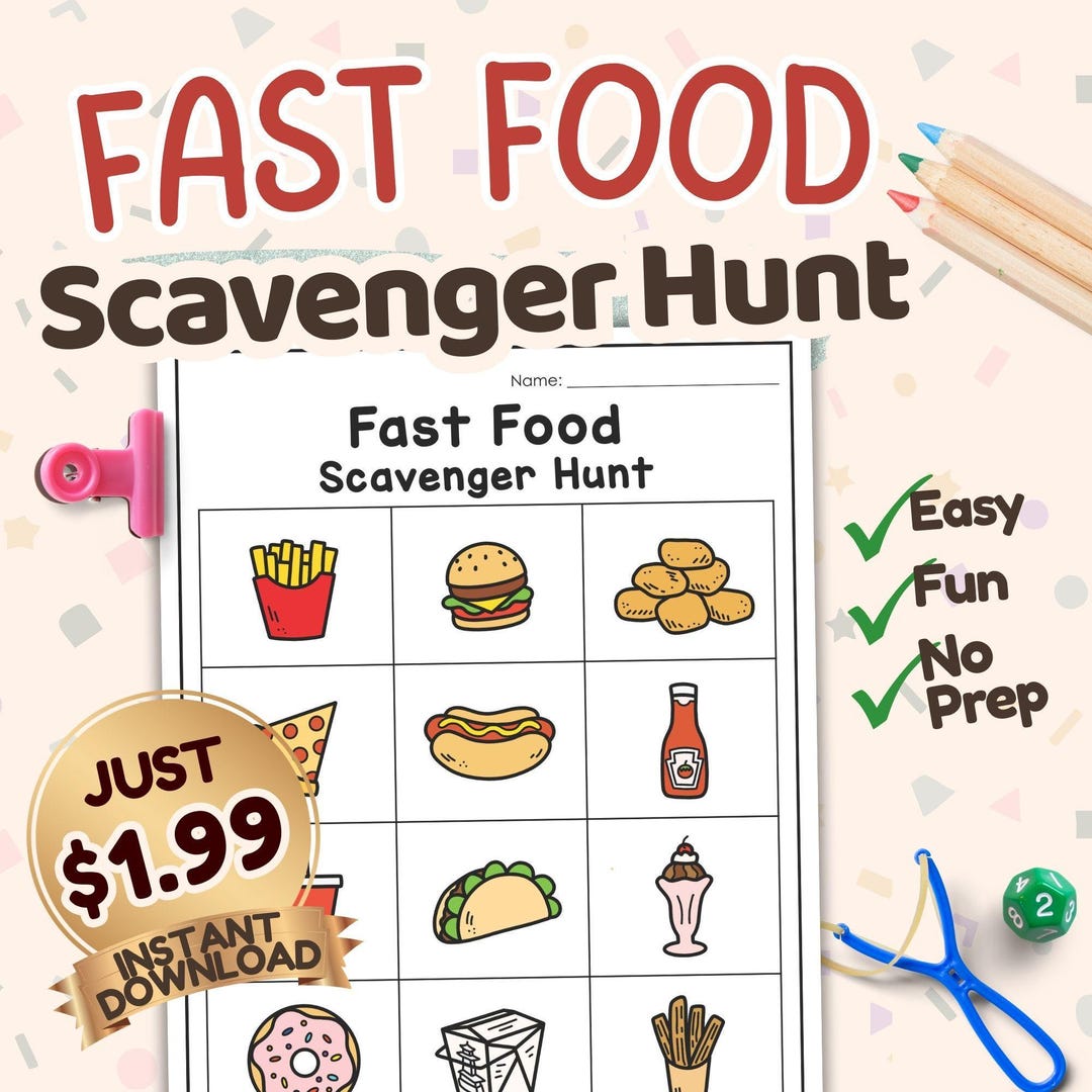 Fast Food Easy Scavenger Hunt Printable | Kids Activity | No Prep Game ...