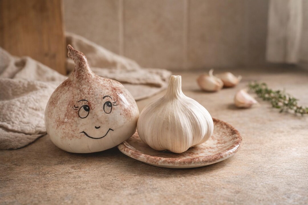 Vintage Ceramic Garlic Keeper | Hand-painted Smiling Face, Farmhouse ...